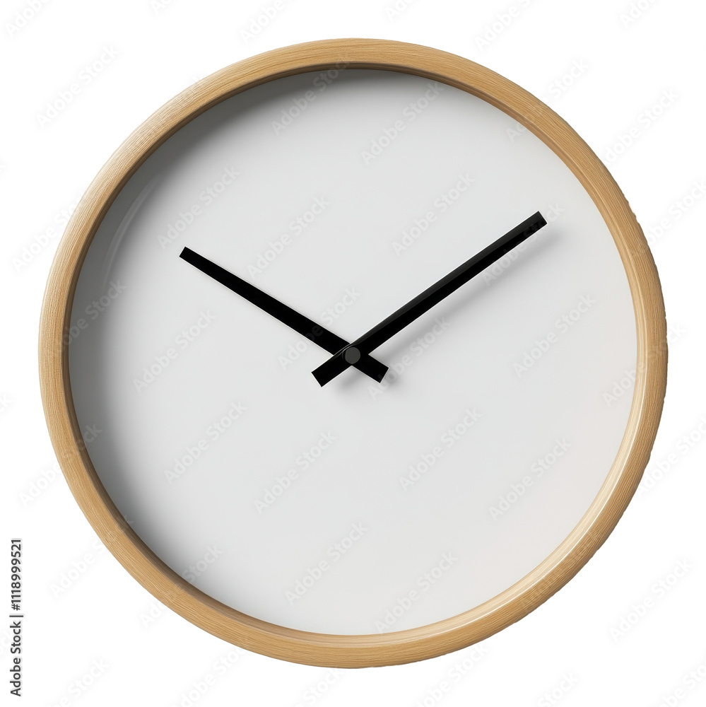Minimalist wall clock with wooden frame on transparent background, time ...