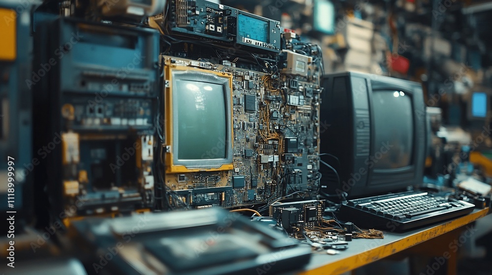Vintage electronics, circuit boards, and retro computers on a workbench ...