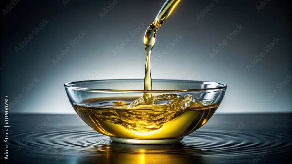 Frozen motion of oil pouring from a bottle into a bowl , pouring, oil ...