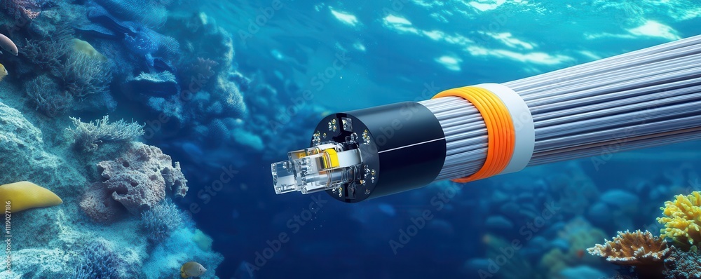 Cross-sectional view of a submarine fiberoptic cable, underwater with ...