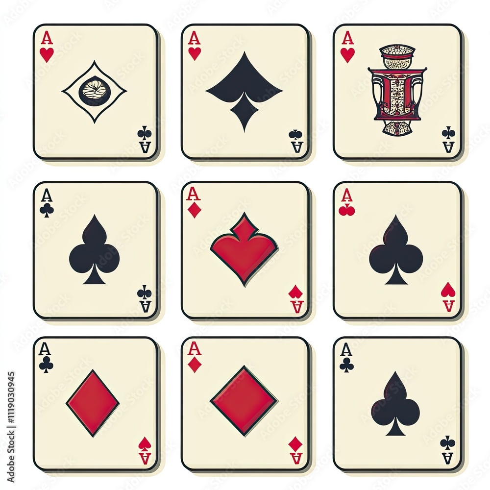 Nine stylized illustrations of the Ace playing cards, each suit ...