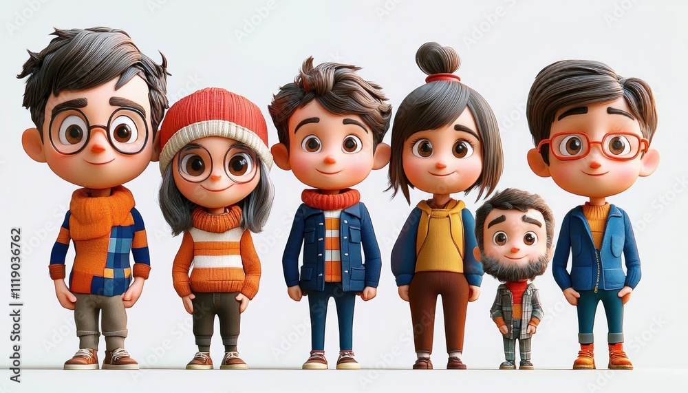 Colorful Cartoon Family Characters Through Life Stages in 3D Rendering ...