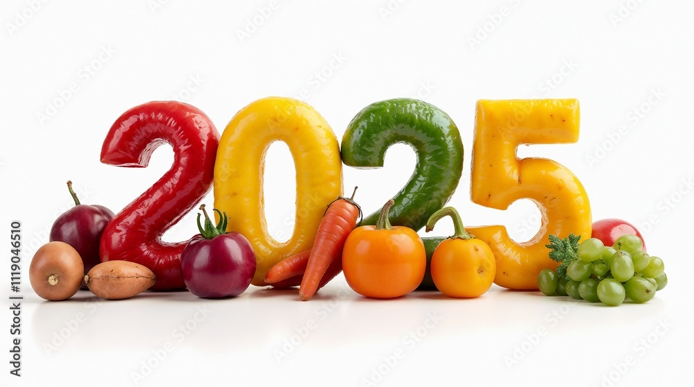 numbers 2025 stacked from different vegetables and fruits at white ...