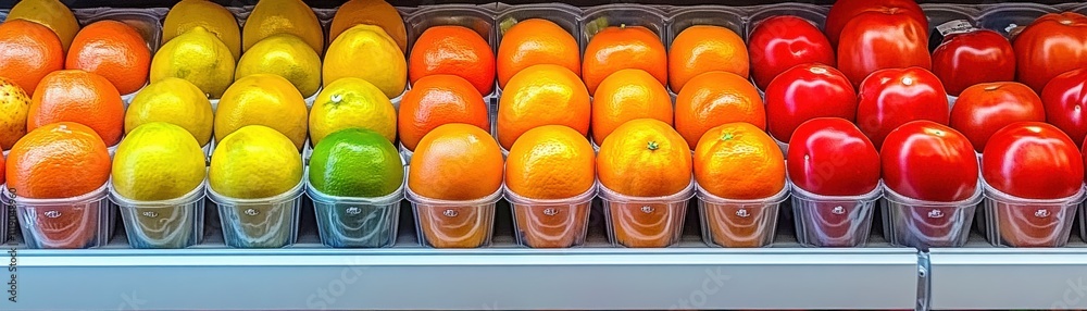 Shelves with fruits and vegetables arranged in rainbow colors, a stock ...