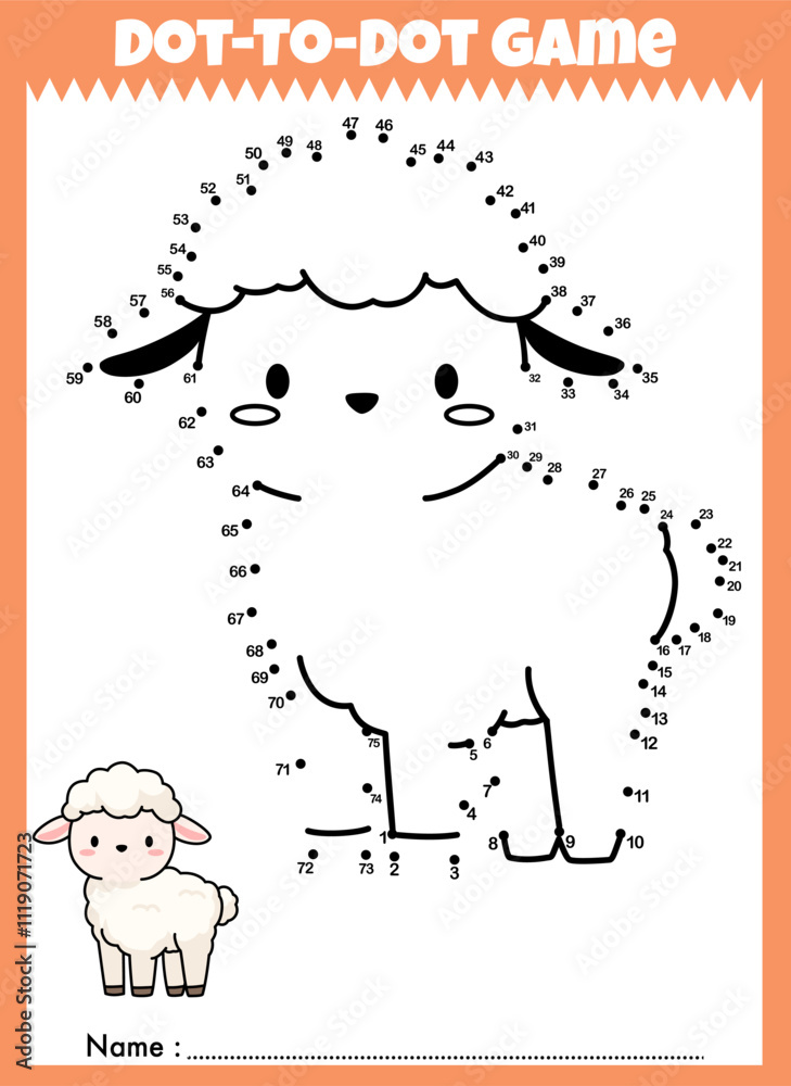 Dot-to-dot game and color activity with cute sheep illustration. Lamb connect the dots ...
