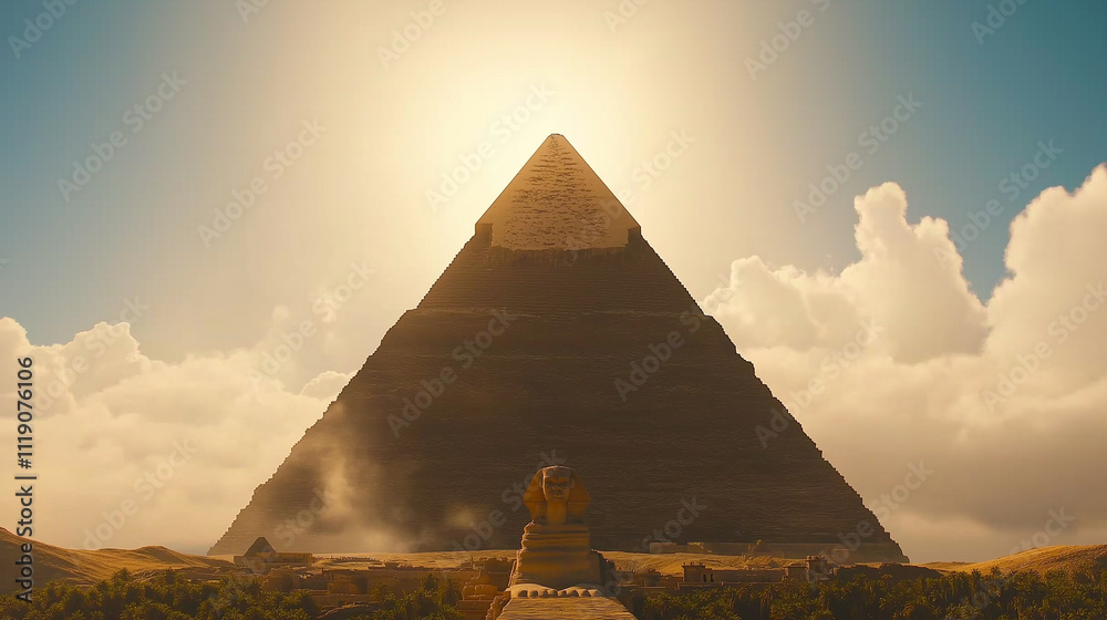 Ancient Pyramid Under Sun: A majestic pyramid towers under a brilliant ...