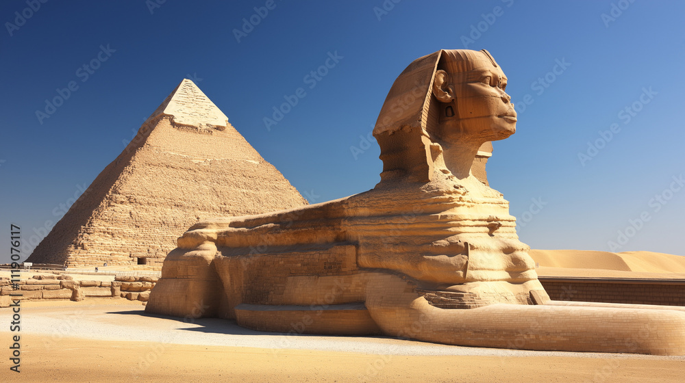 Photo Stock The Sphinx and the Great Pyramid: A majestic view of the ...