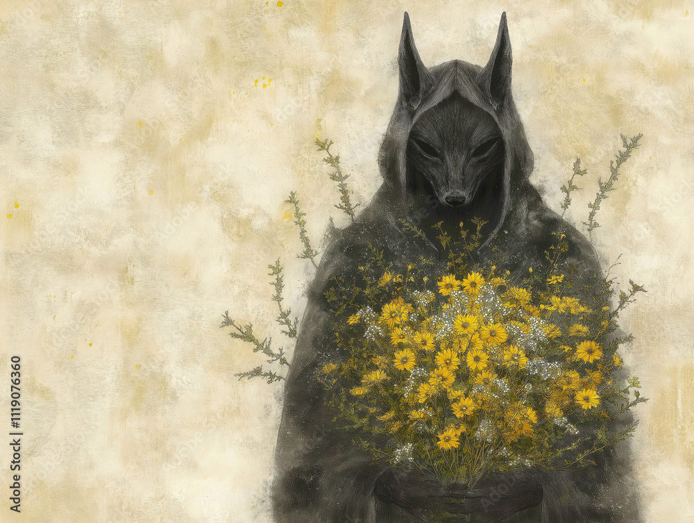 Anubis with Flowers: Anubis, the Egyptian god of the dead, is depicted ...