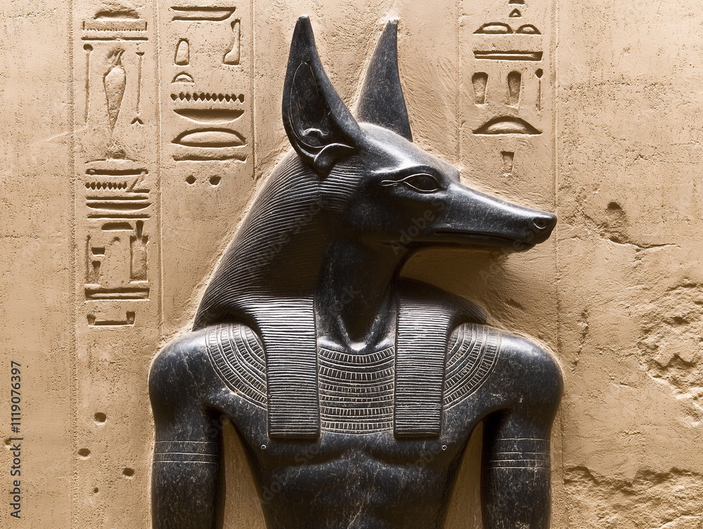 Ancient Egyptian Anubis Relief: Intricate details of the jackal-headed god Anubis, carved in ...