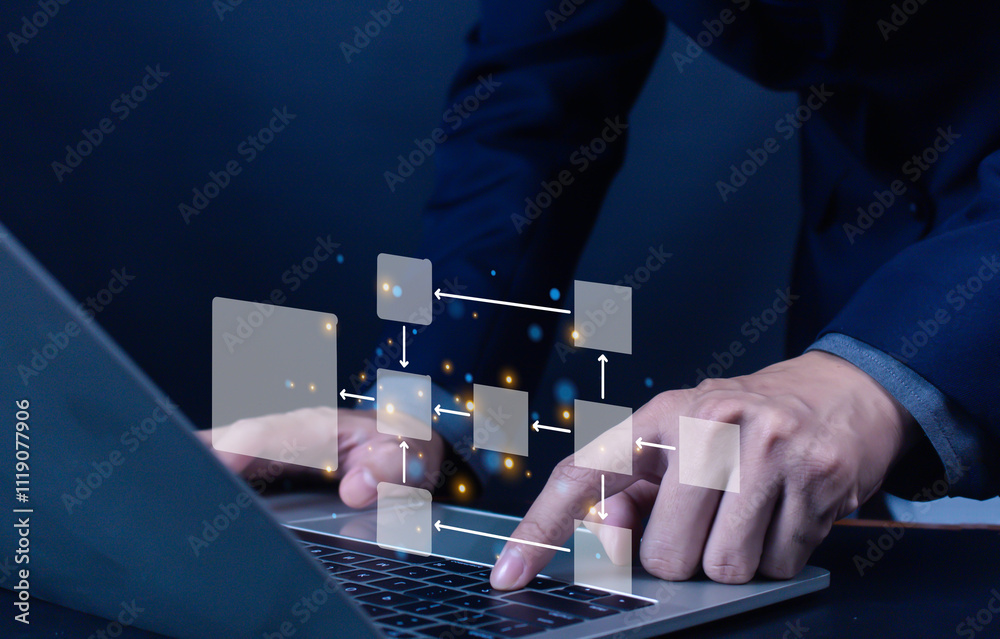 Businessman planning work, office concept hierarchical workflow process ...