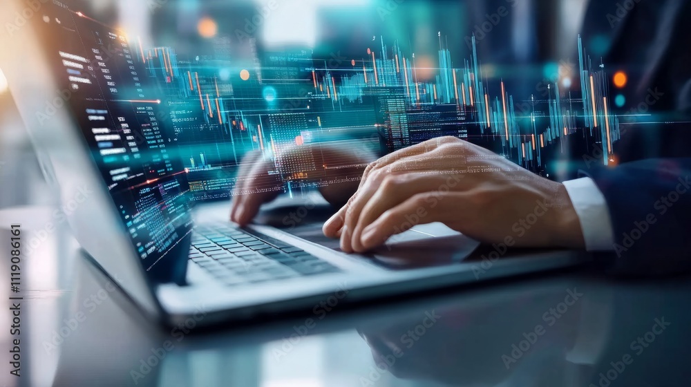 An analyst utilizes a computer and dashboard for business data analysis ...