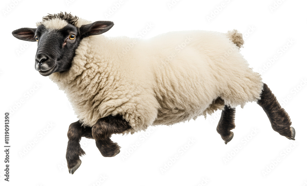 Leaping sheep with fluffy wool and black face, side view. Animal ...