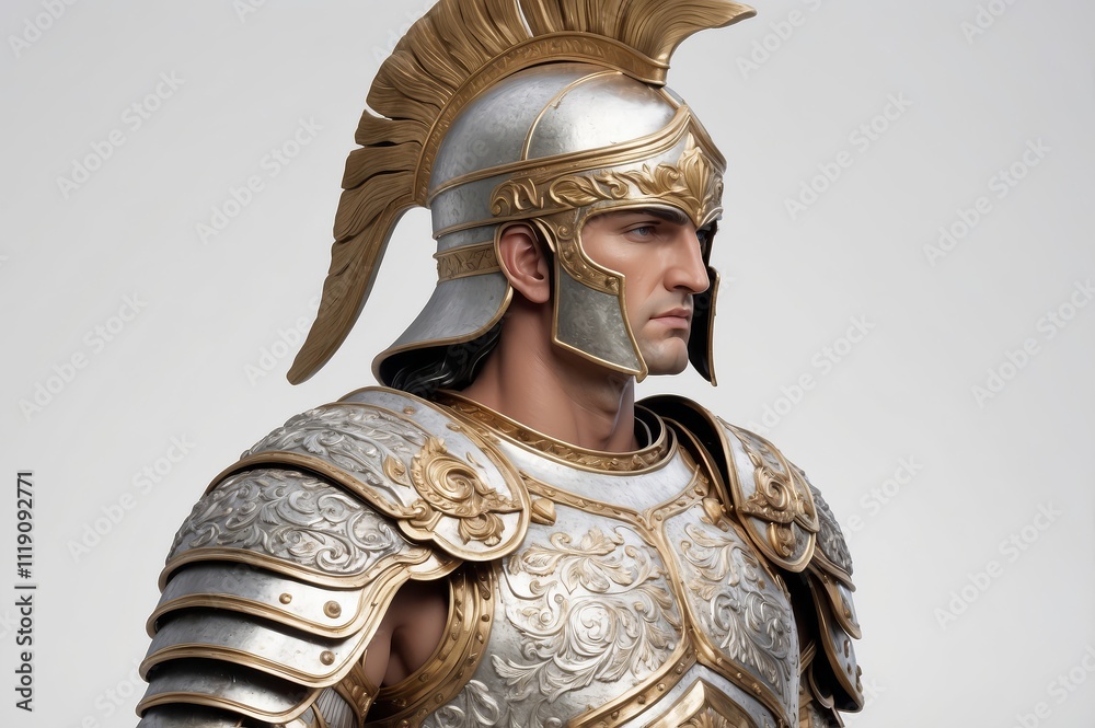 Profile of a man in ornate silver and gold Roman-style armor and helmet ...