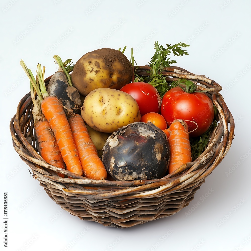 Rotten fruits and vegetables in a round bamboo basket white background ...