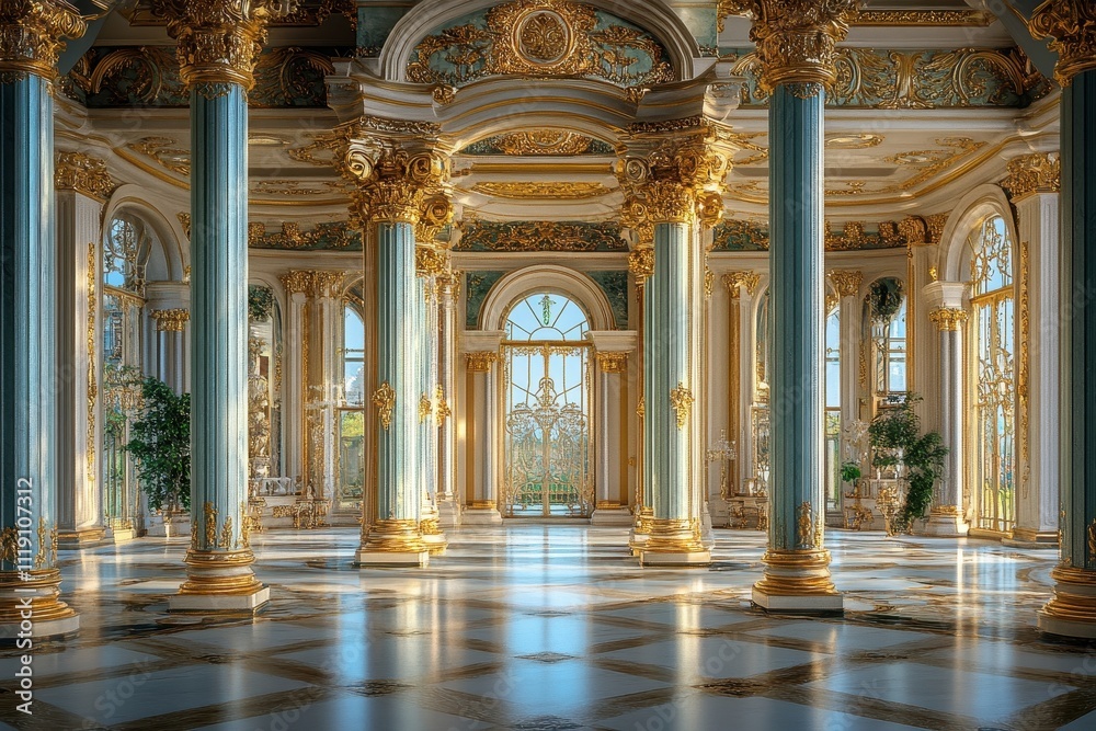 Opulent ballroom with teal & gold columns, grand windows, and marble ...