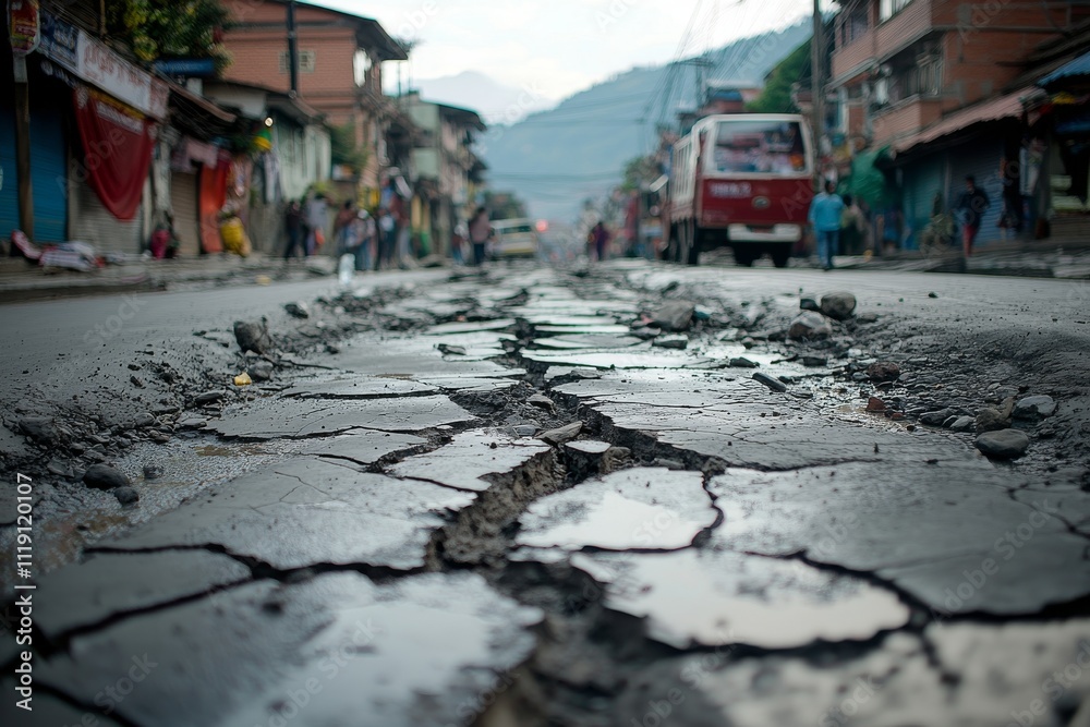 Devastated Road in a Mountain Village: A Crumbling Infrastructure Stock ...