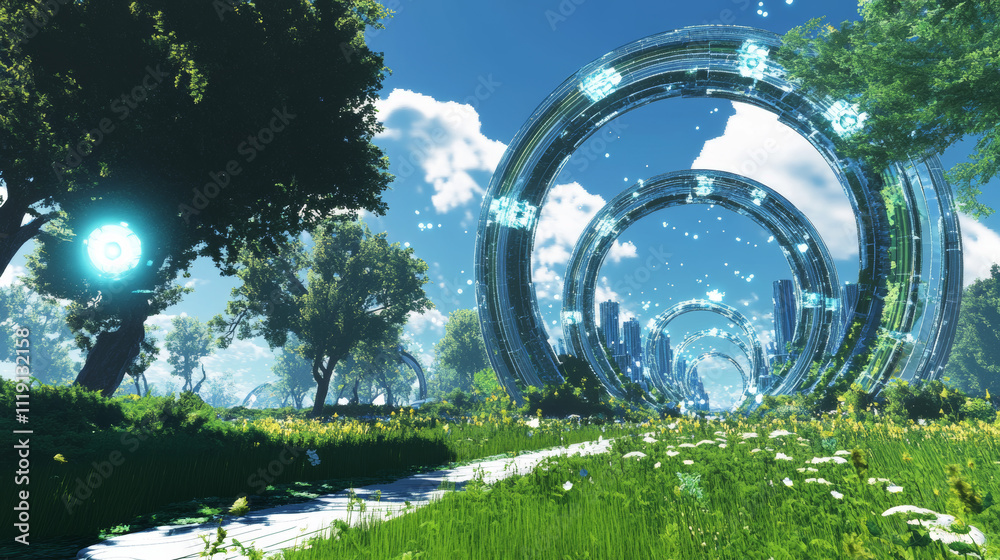 3D Render of Beautiful Digital Metaverse. Virtual Reality World With ...