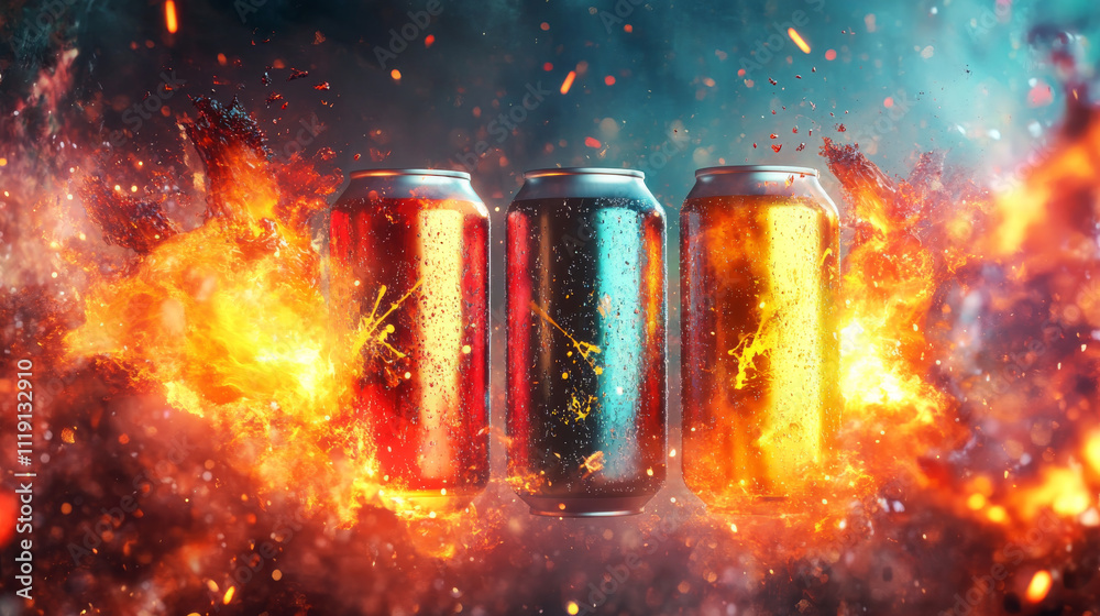 Energy drink canned on explosion background Ads. Of free space for your ...