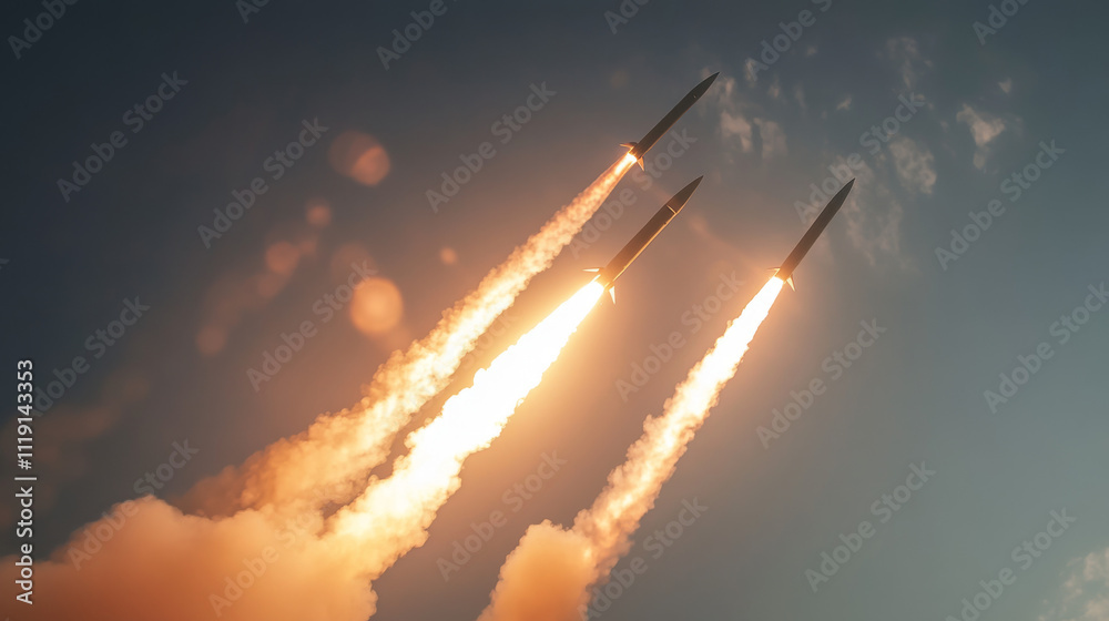 Military rockets are flying against the sky, smoke and fire from the ...