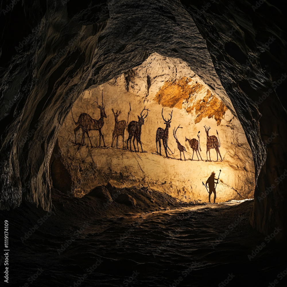 Ancient petroglyphs carved into rock, Archaeological pre-historic human ...