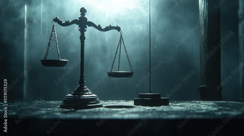 Dark, moody image of scales of justice. Illustrates concepts of law ...