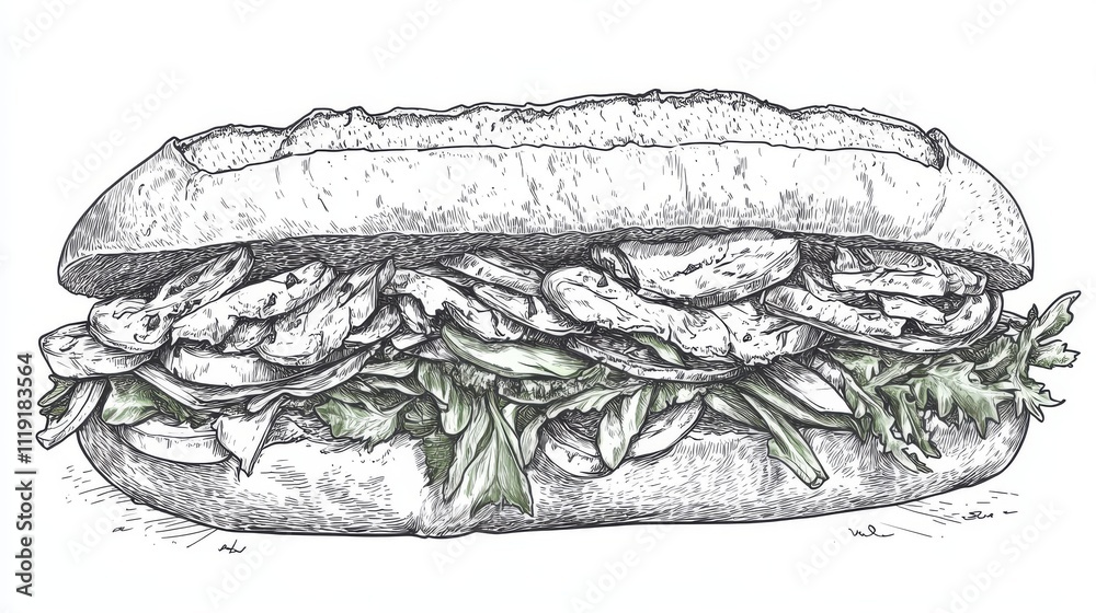 69.A stylized line drawing of a Banh Mi sandwich, focusing on the ...