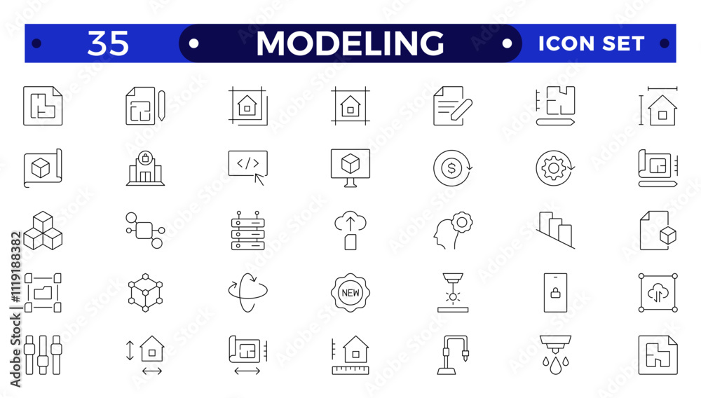 Modeling outline icon set. Architectural planning icon collection ...