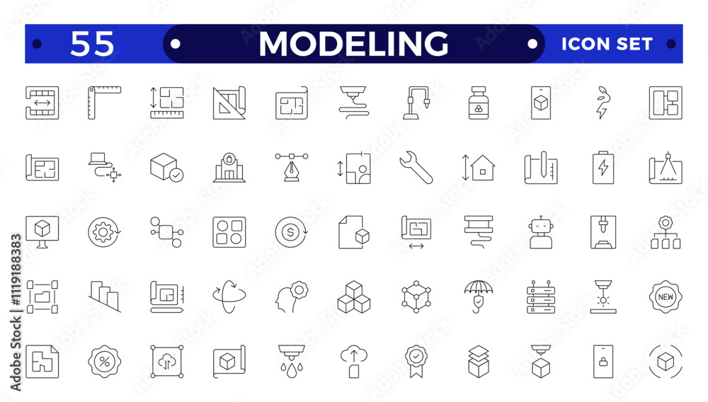 Modeling outline icon set. Architectural planning icon collection ...