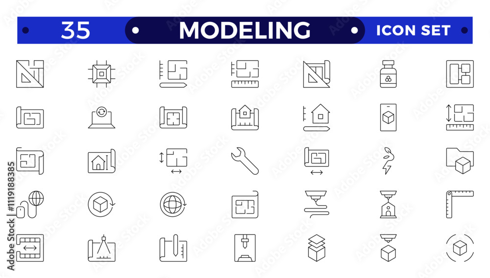 Modeling outline icon set. Architectural planning icon collection ...