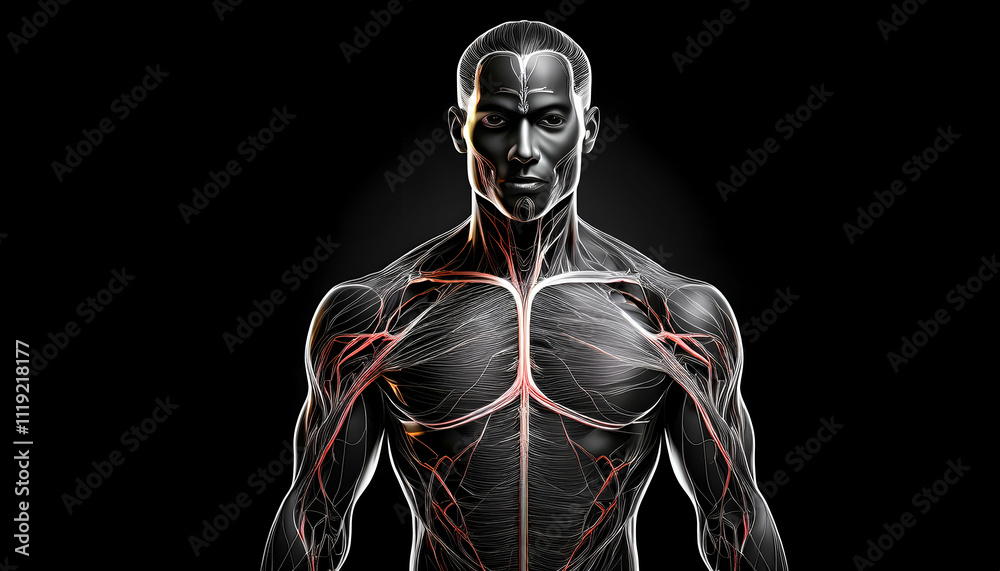 Human body anatomy and medical concept in black background, Front view ...