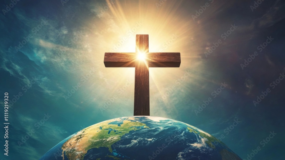 Hopeful symbolism: Wooden cross on Earth globe under radiant sun rays ...