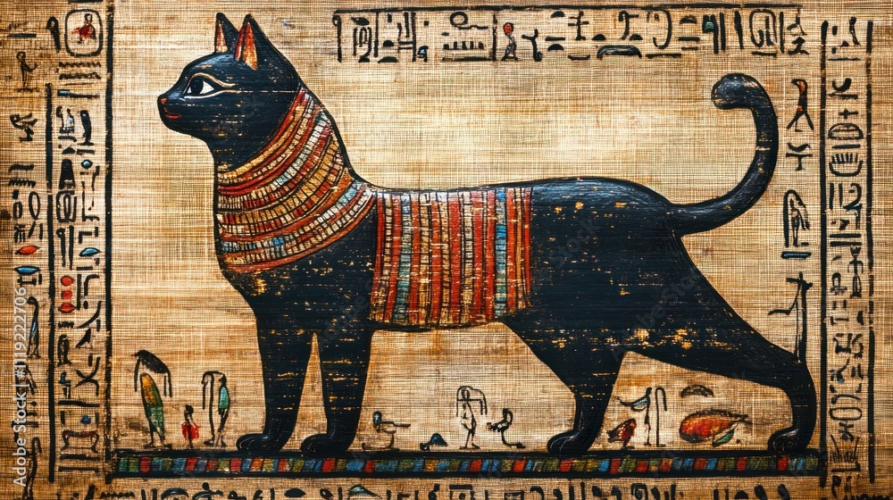 Ilustración de Stock Ancient Egyptian Cat Papyrus Painting: A Stunning Depiction of Bastet ...