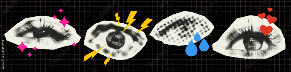 Set of retro style paper cut halftone eyes with different emotions ...