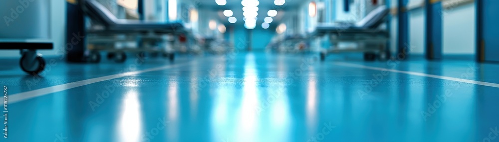 Clean and modern hospital corridor with shiny blue floor and medical ...