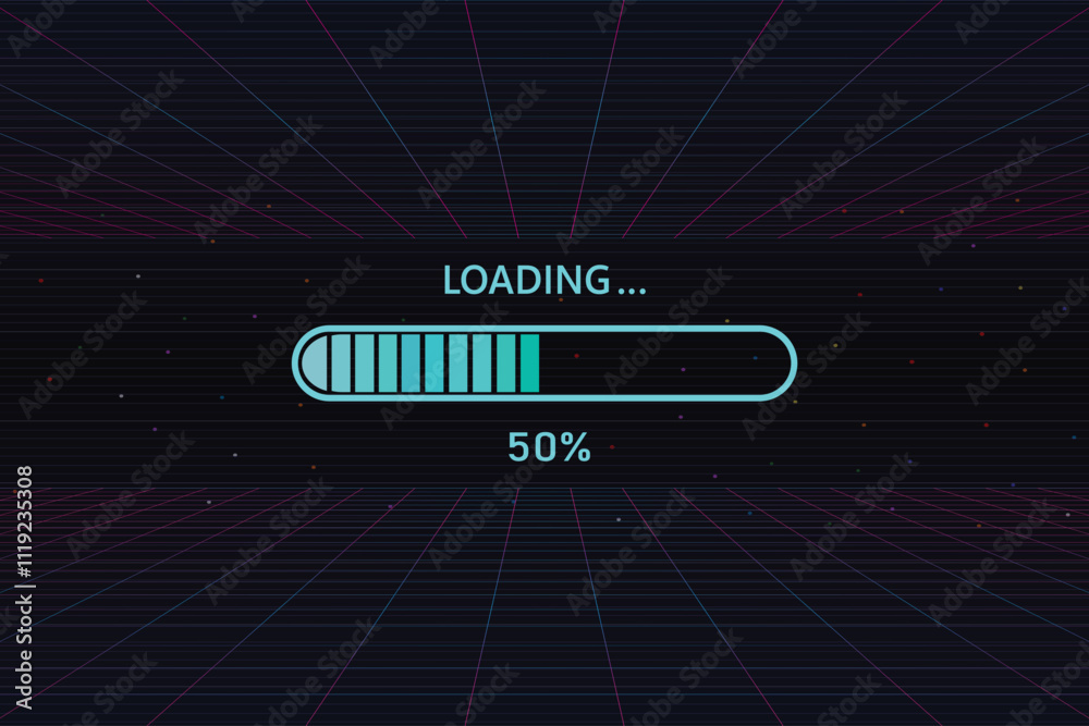 50% progress loading bar on retro futuristic sci-fi background. Stock ...