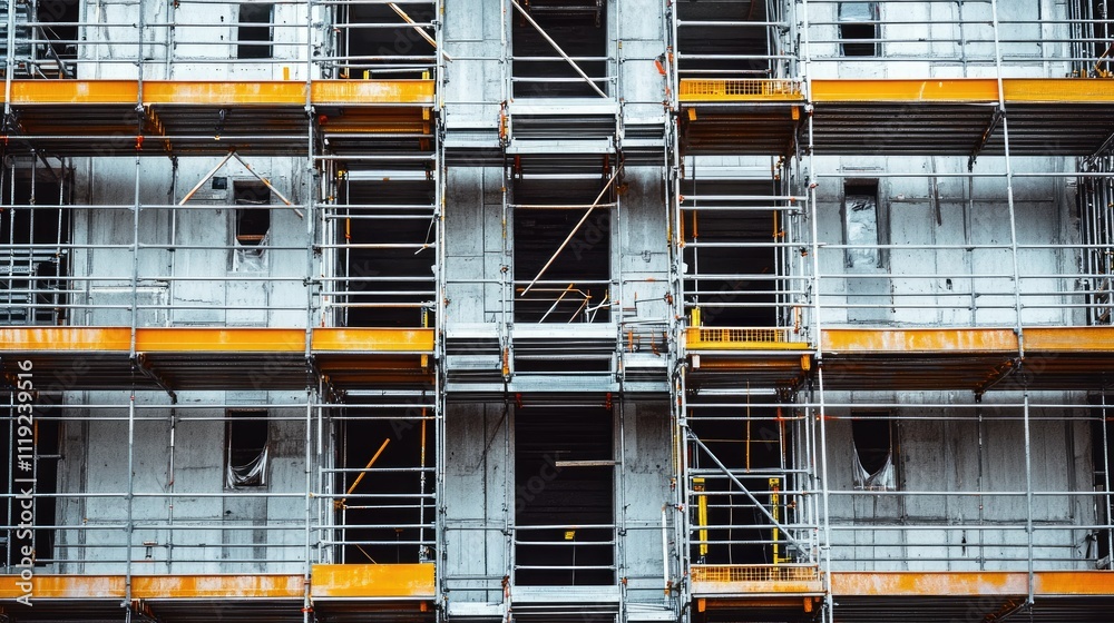 Side view of a building under construction, entirely enveloped in ...
