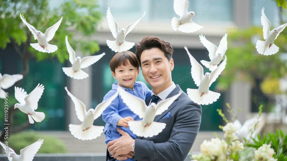 Cheerful Korean father carrying his son, surrounded by flying white ...