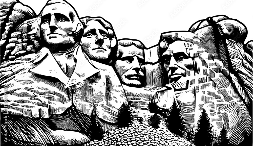 monumental scene Mount Rushmore. engraving black and white outline ...