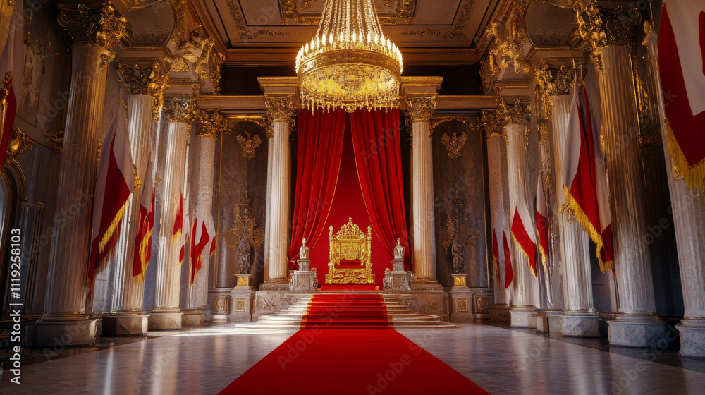 Castle hall room with golden king throne on pedestal with stairs, red ...