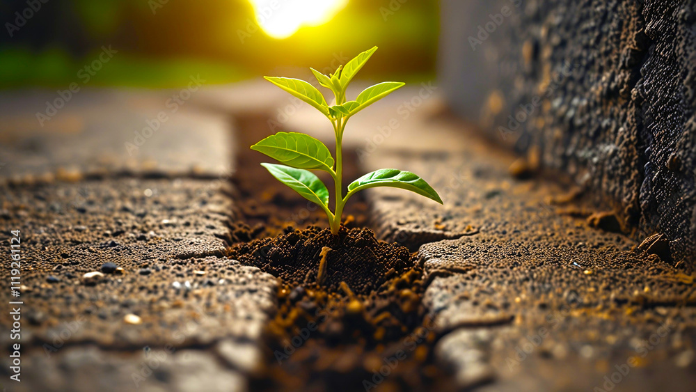 New life concept, plant shoots grow between cracks in the barren soil ...