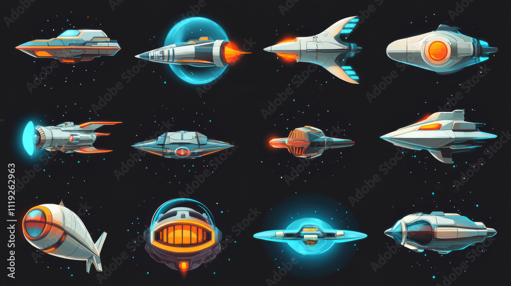 Spaceship and alien ufo ui game vector cartoon set. Fantasy galaxy icon ...