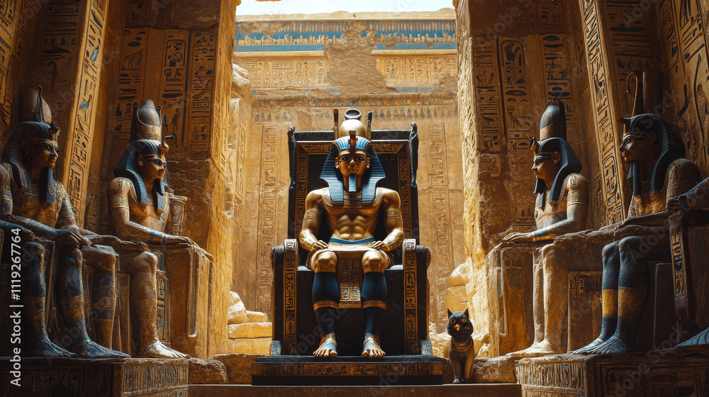 Ancient egyptian pharaoh throne in palace interior. Egypt temple ...