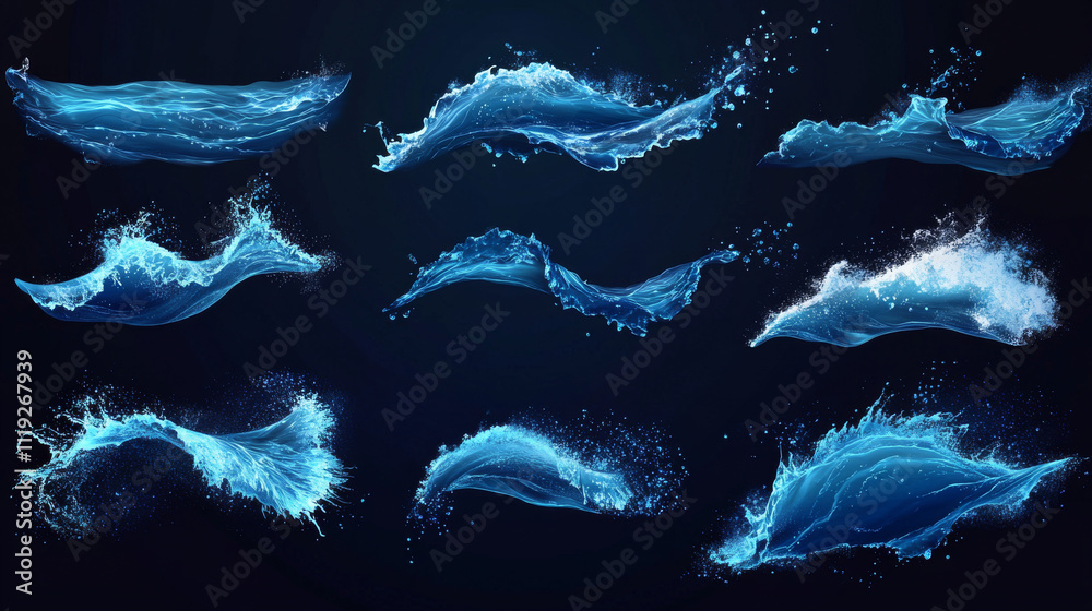 Ilustración de Stock Cartoon water splash. Vector illustration set of ...