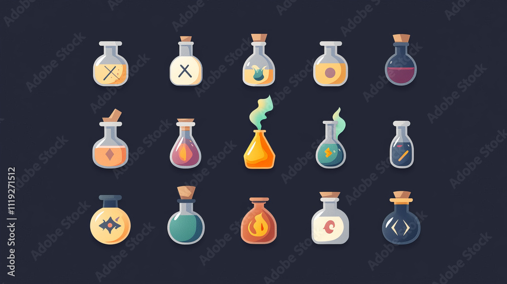 Laboratory potion bottle animation cartoon game icon. Chemical witch ...