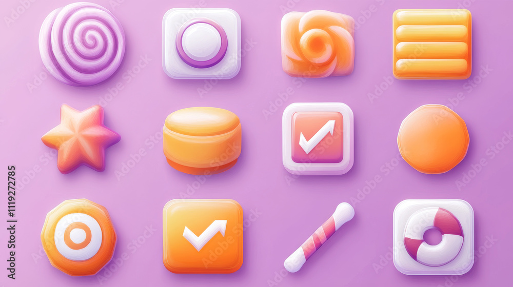 Candy game ui buttons set isolated on black background. Vector cartoon ...