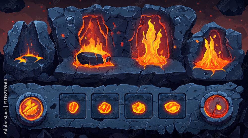 Ilustración de Stock Stone with lava texture game interface vector. Volcano board crack ui ...