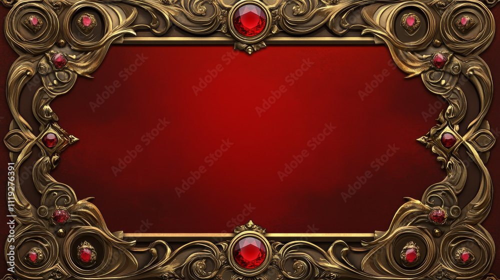 Golden fantasy medieval frame with gem stones and red background for ...