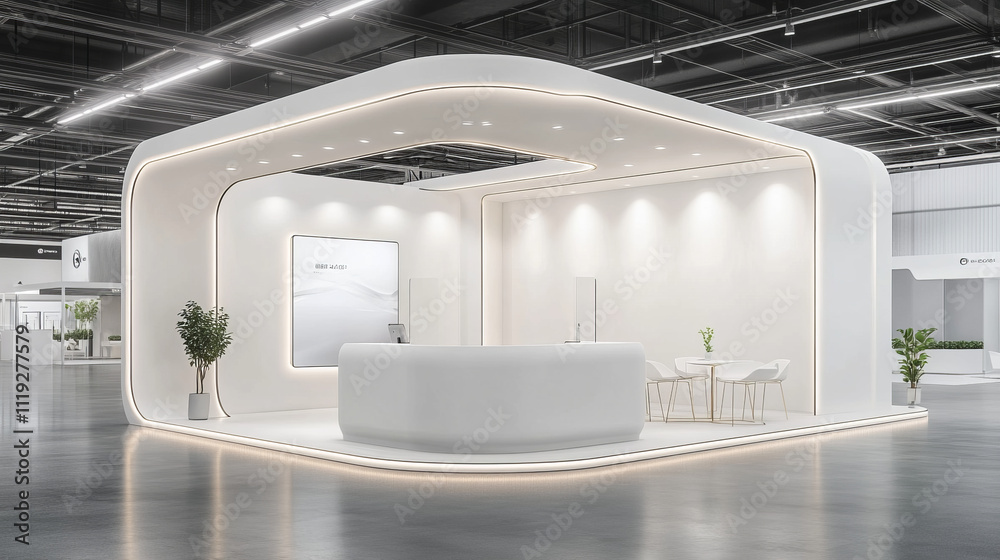 3d trade event mockup. White display booth stand. Empty fair wall and ...