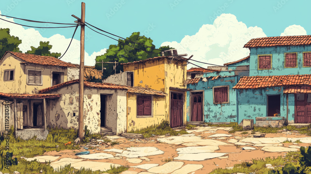 Poor ghetto city street house vector building set. Cartoon india ...