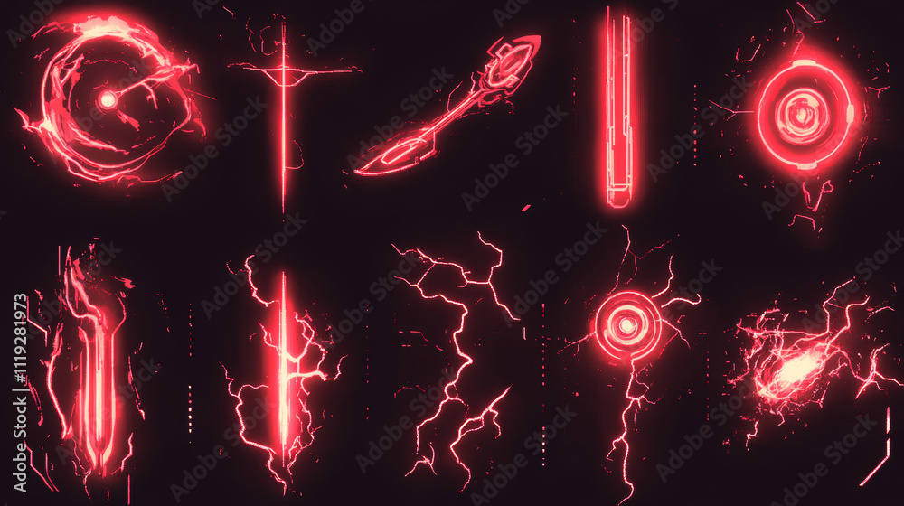 Thunder game lightning effect vector set. Isolated magic red neon ...